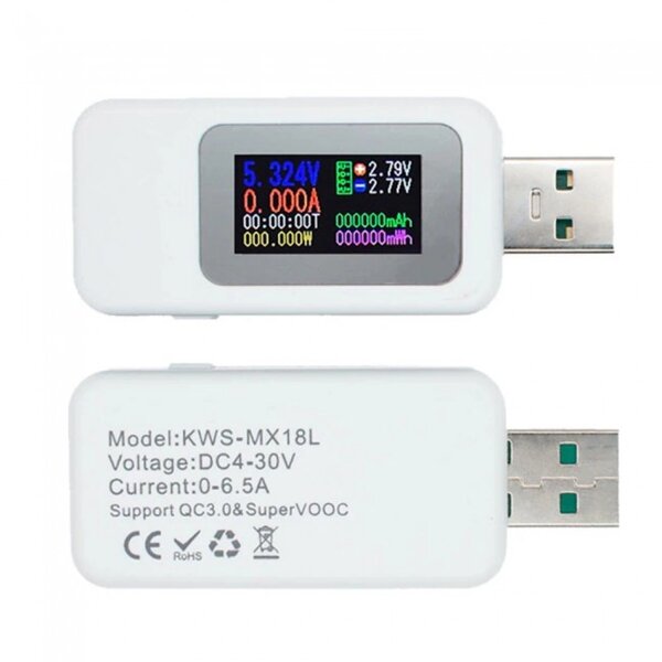 USB-тестер KEWEISI KWS-MX18L (вимірювач струму напруга для кабелів ...